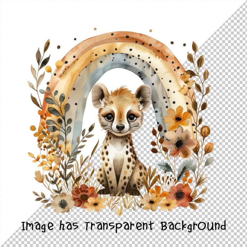 Super-cute Rainbow, Hyena Boho Watercolor, Hyena and Florals PNG, Boho ...