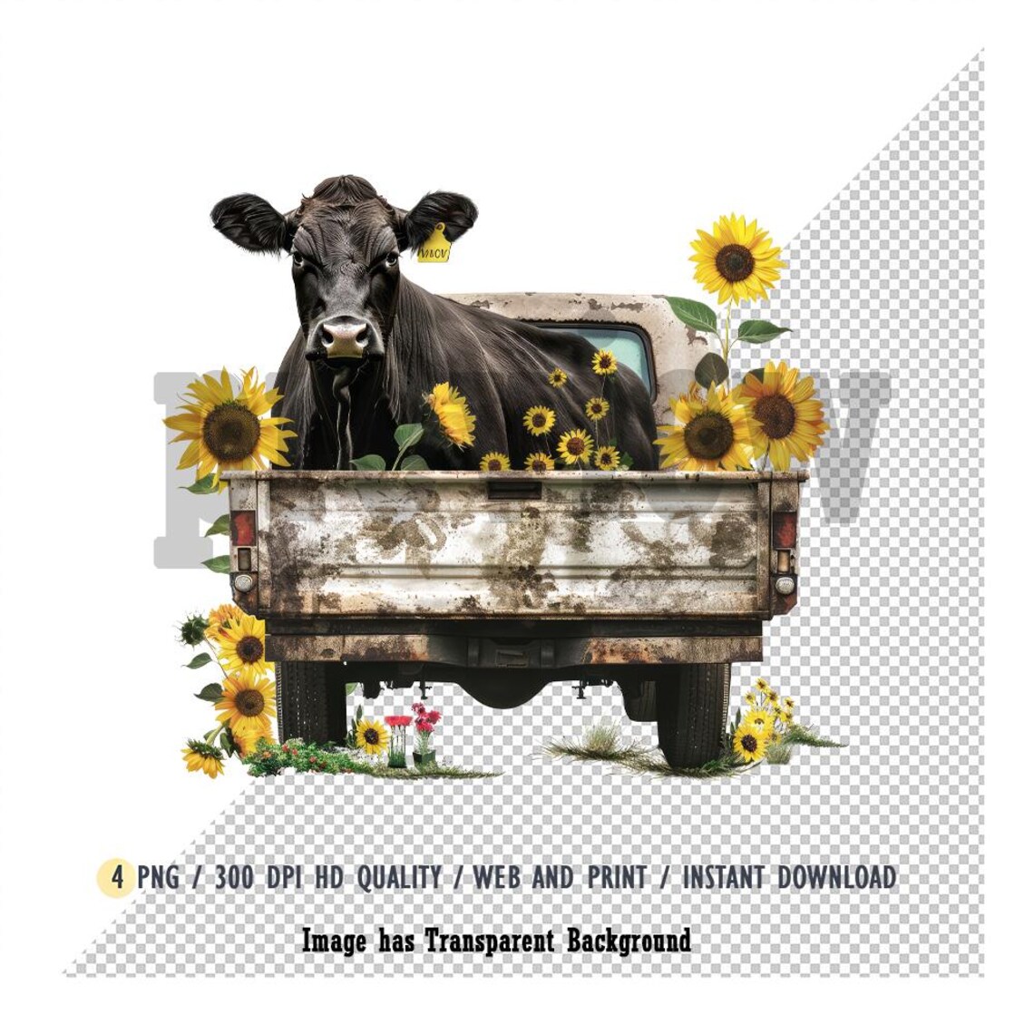 Retro Black Angus Cow Sitting in a Back of Old Sunflowers Truck, Black ...