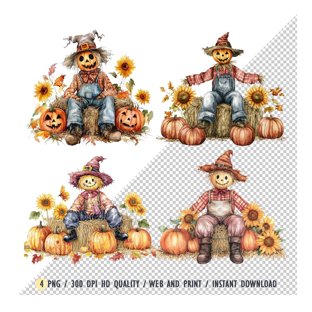 Fall Scarecrows Clipart PNG, Watercolor Cute Creepy Scarecrow Sitting ...