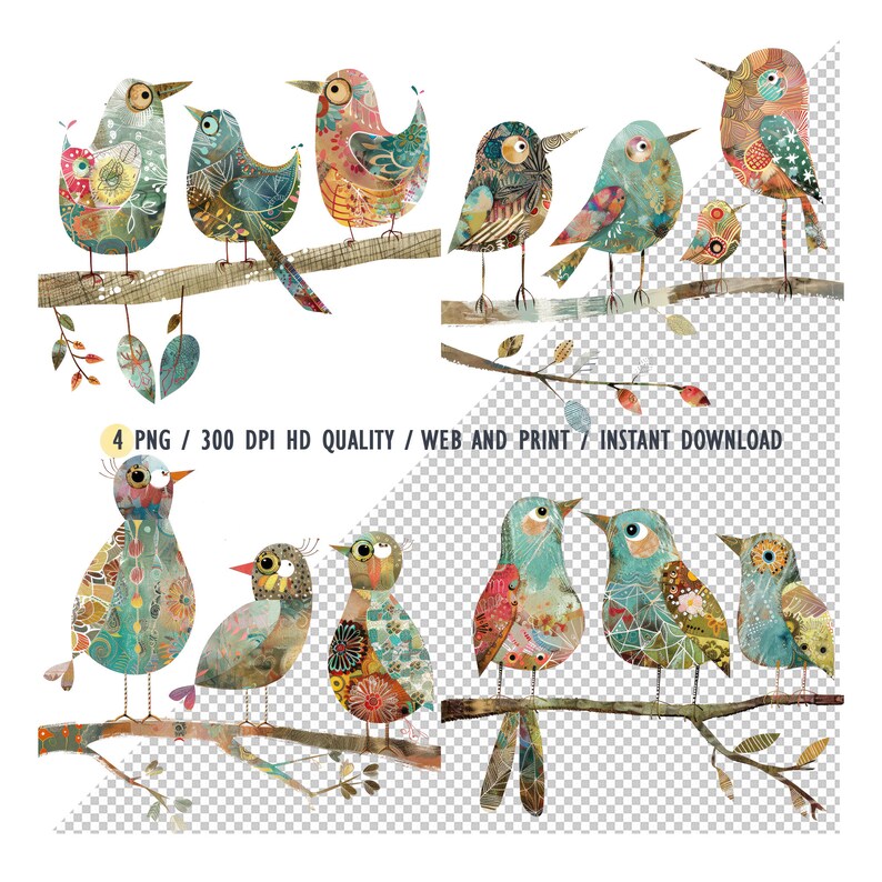 Whimsical Birds Watercolor PNG, Cute Whimsical Funny Birds Clipart ...
