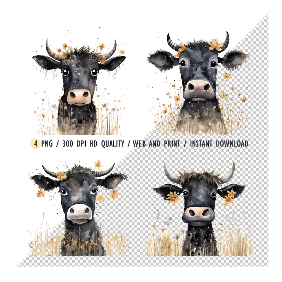 Whimsical Black Angus Cow Clipart, Funny Baby Watercolor Black Angus ...