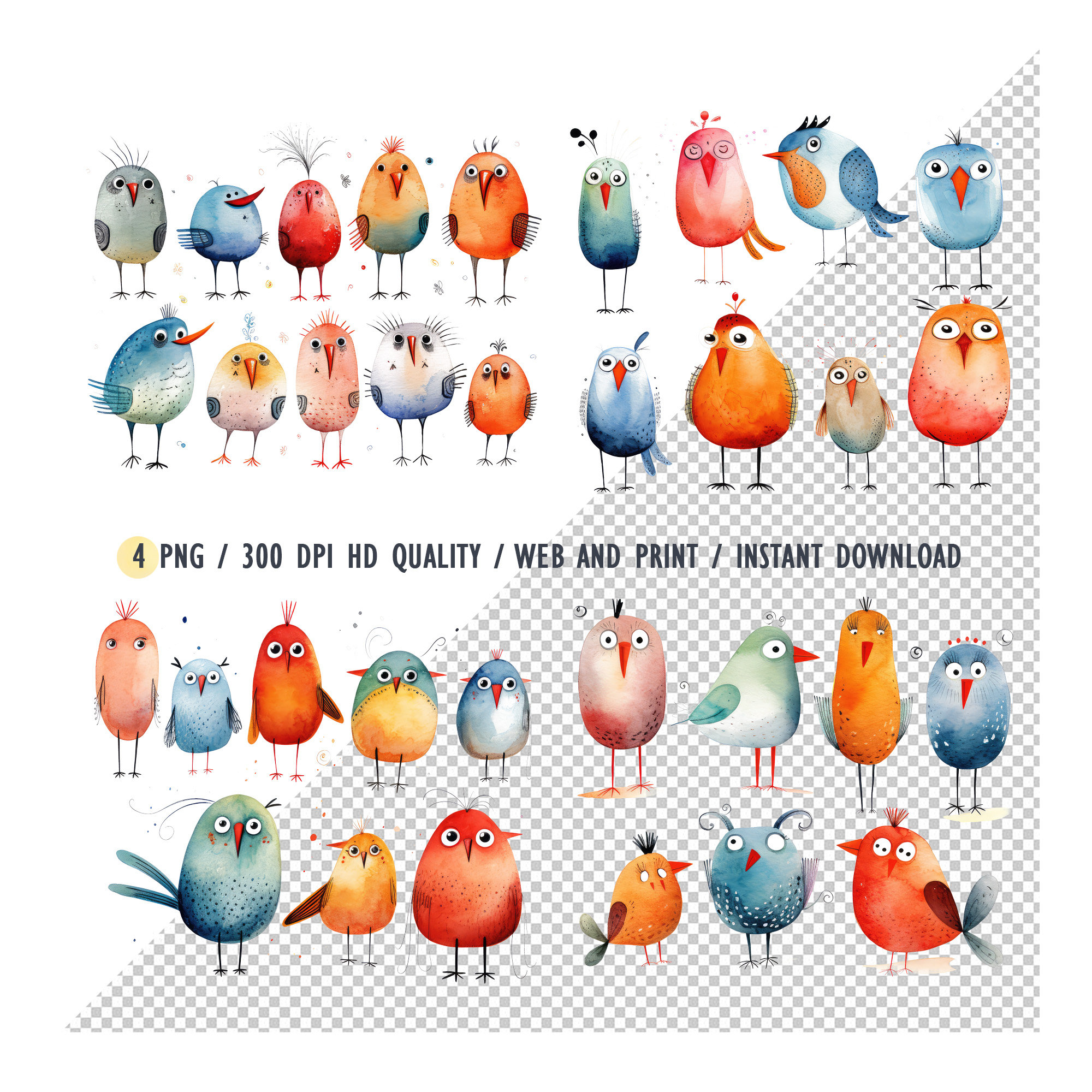 Whimsical Birds Watercolor PNG, Whimsical Funny Birds Clipart, Colorful ...