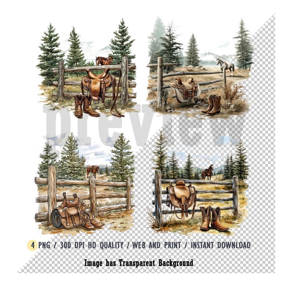 Cowboy Boots Hat & Horse Saddle Watercolor Clipart, a Fence With ...