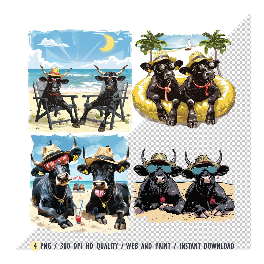 Black Angus Cow Enjoying Summer Vacation Clipart, Summer Beach Holidays ...