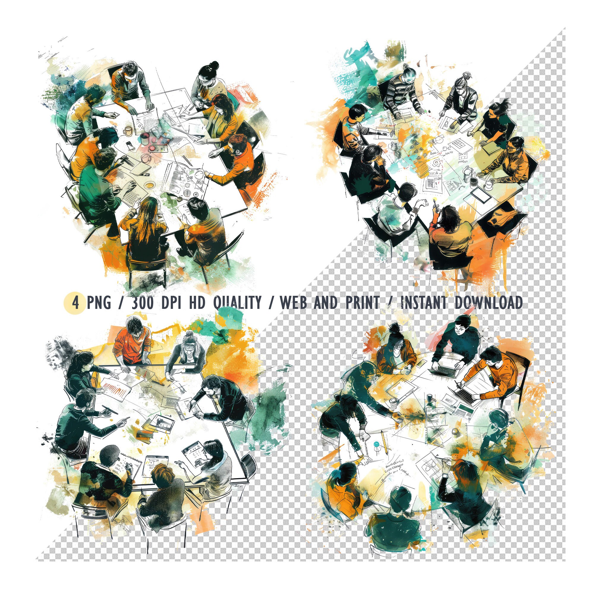 Creative Drawing a Group of People Working at Table Clipart,watercolor ...