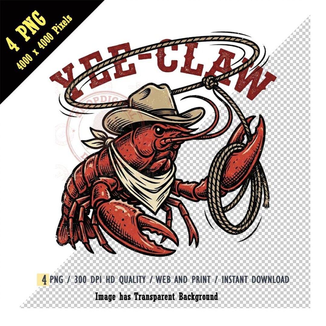 YEE-CLAW Funny Cowboy Crawfish PNG, Distressed Retro Cajun Vector ...