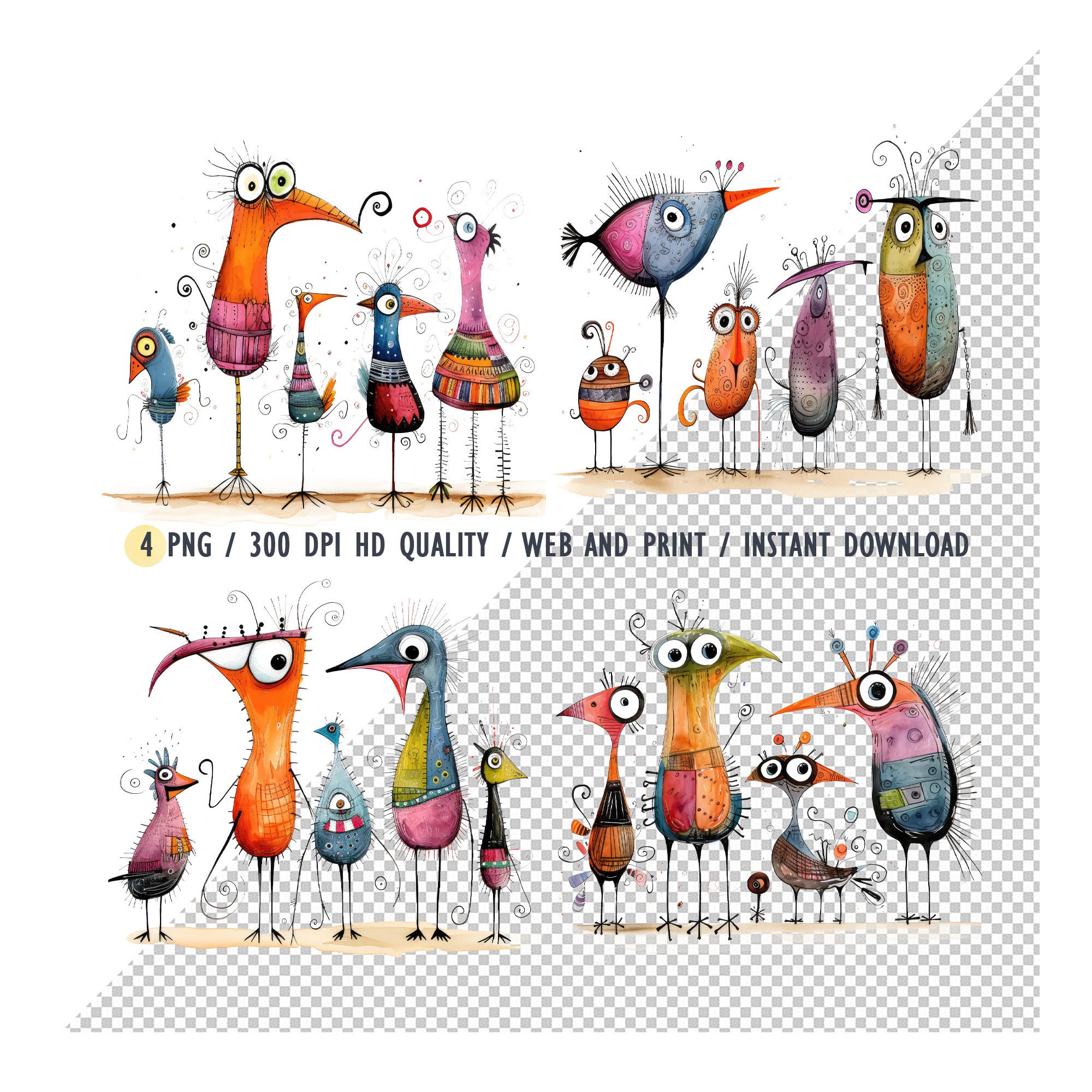 Whimsical Birds Funny Clipart, Whimsical Birds Watercolor PNG, Funny ...