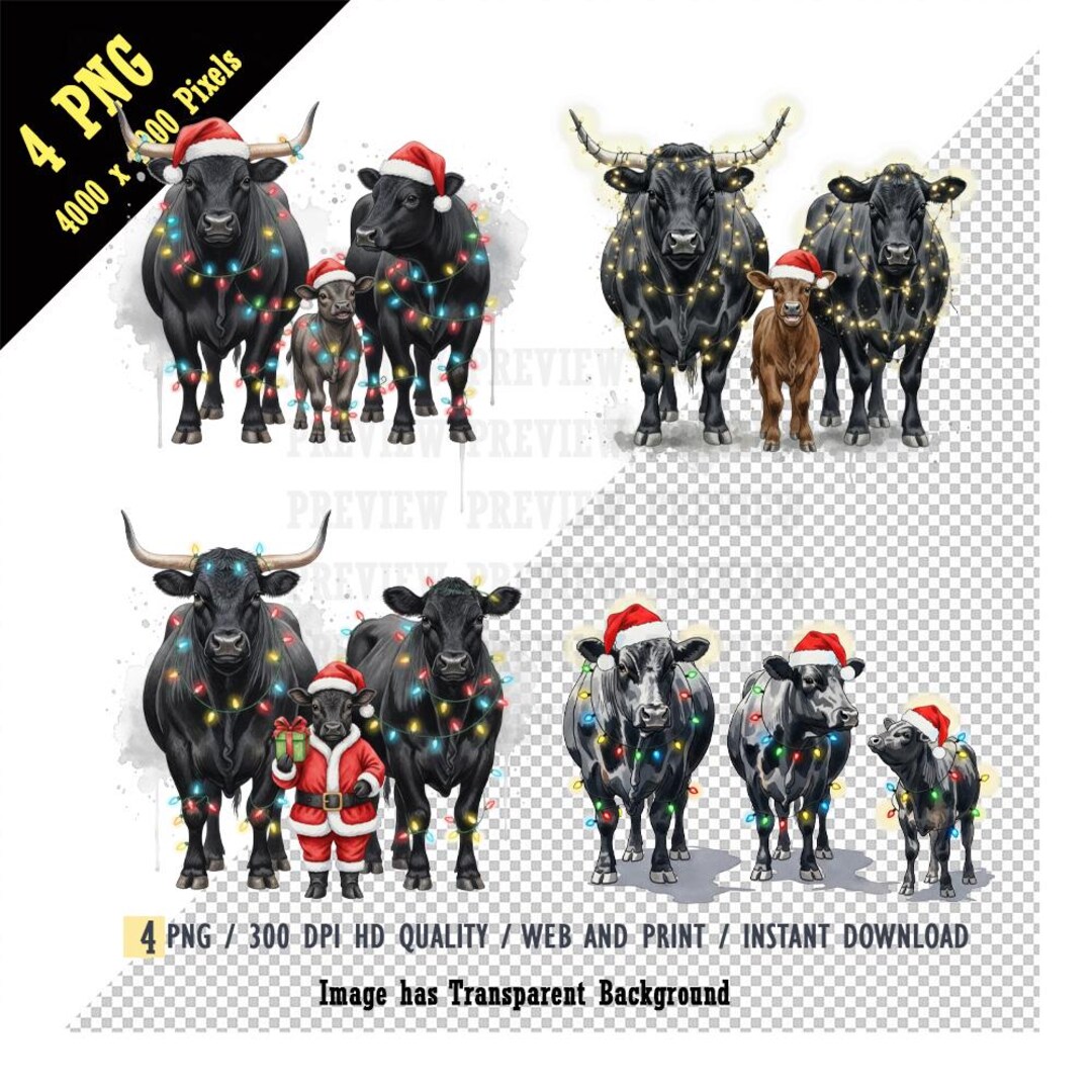 Christmas Black Angus Family PNG - Watercolor Cow, Bull & Calf With ...