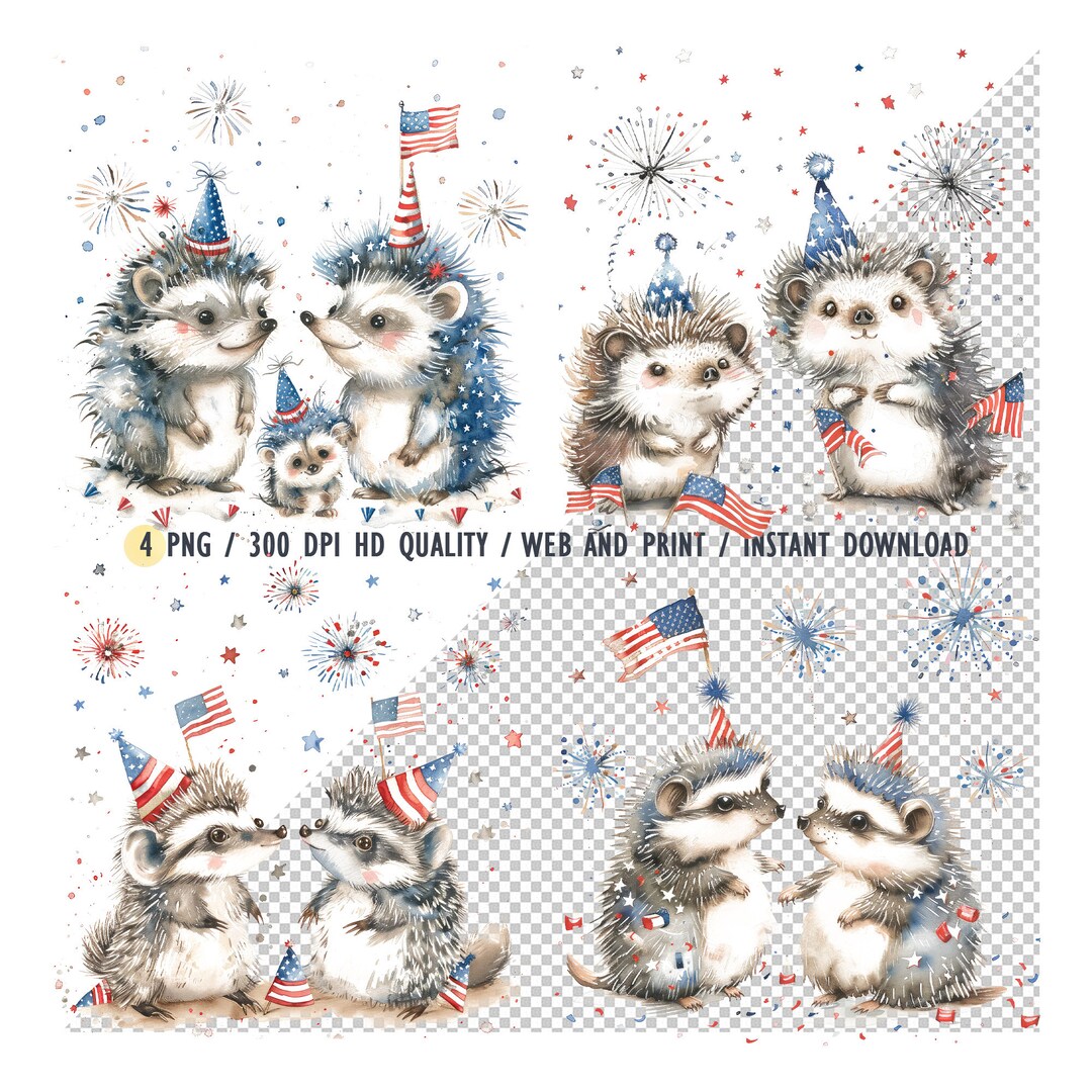 Cute Critters With Fireworks Watercolor PNG, Clipart Hedgehogs With ...