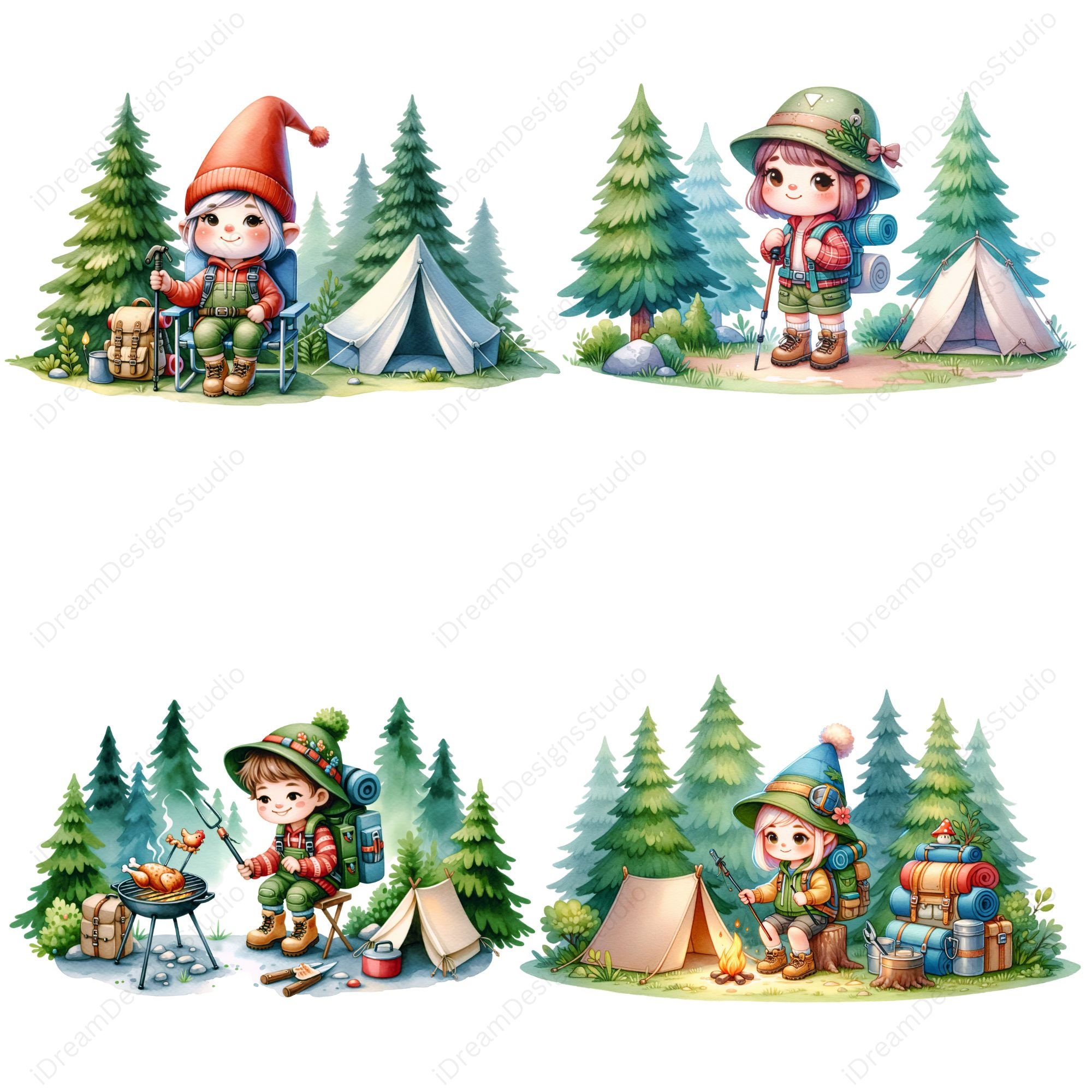 Cute Camping Clipart Set, Digital Boy and Girl Campers, Outdoor ...