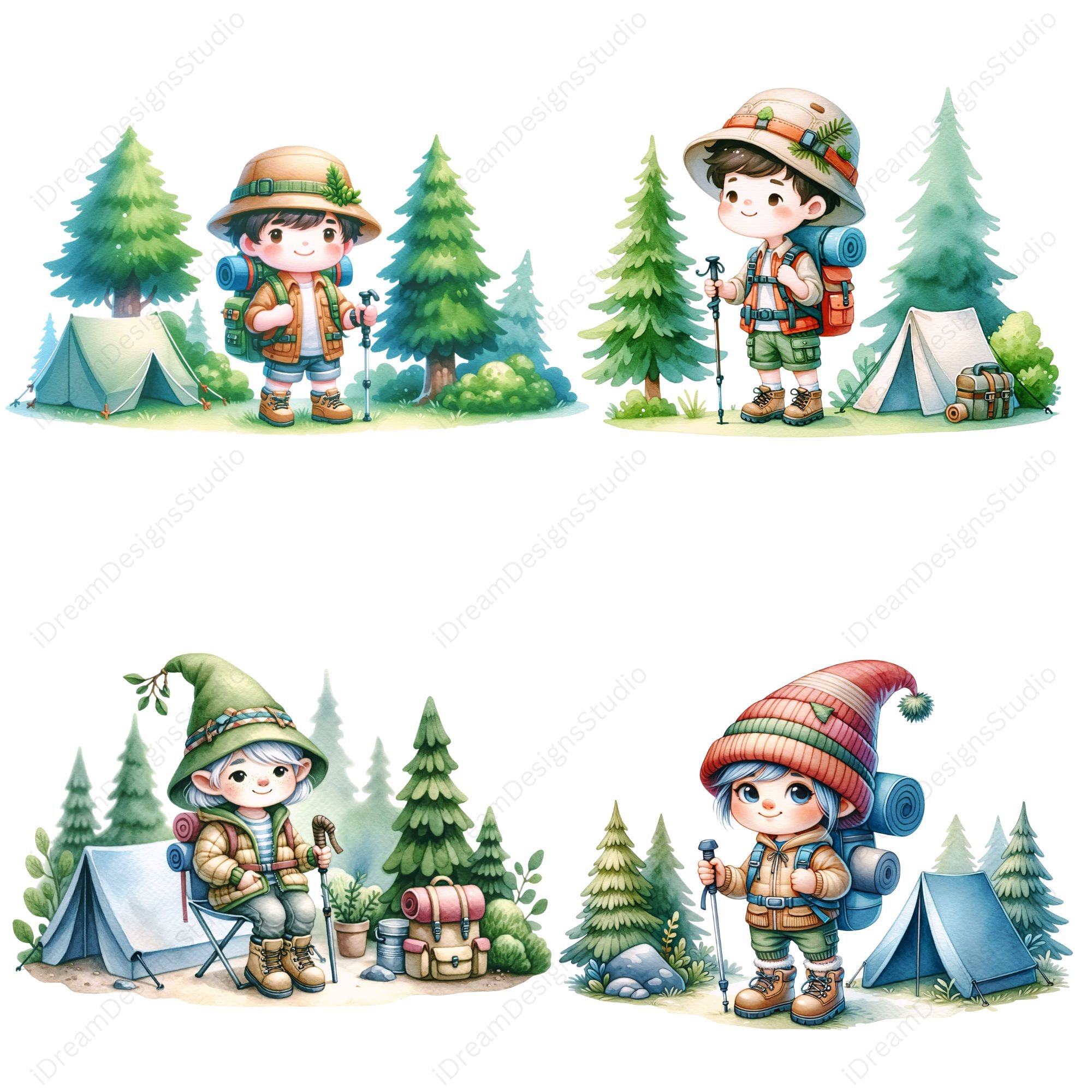 Cute Camping Clipart Set, Digital Boy and Girl Campers, Outdoor ...