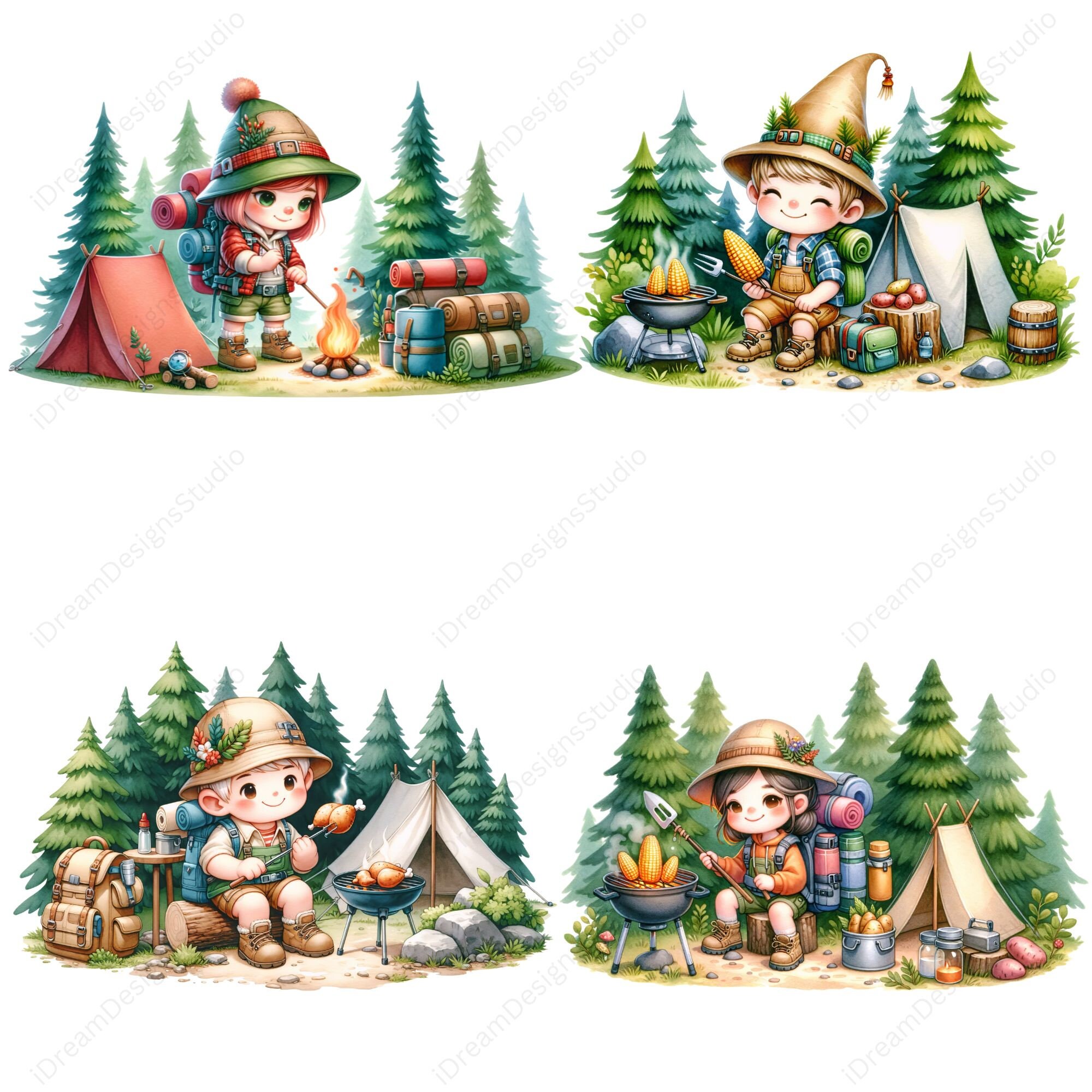 Cute Camping Clipart Set, Digital Boy and Girl Campers, Outdoor ...