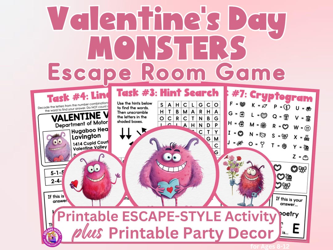 Valentine's Day Monsters Printable Escape Style Activity Game for Ages ...