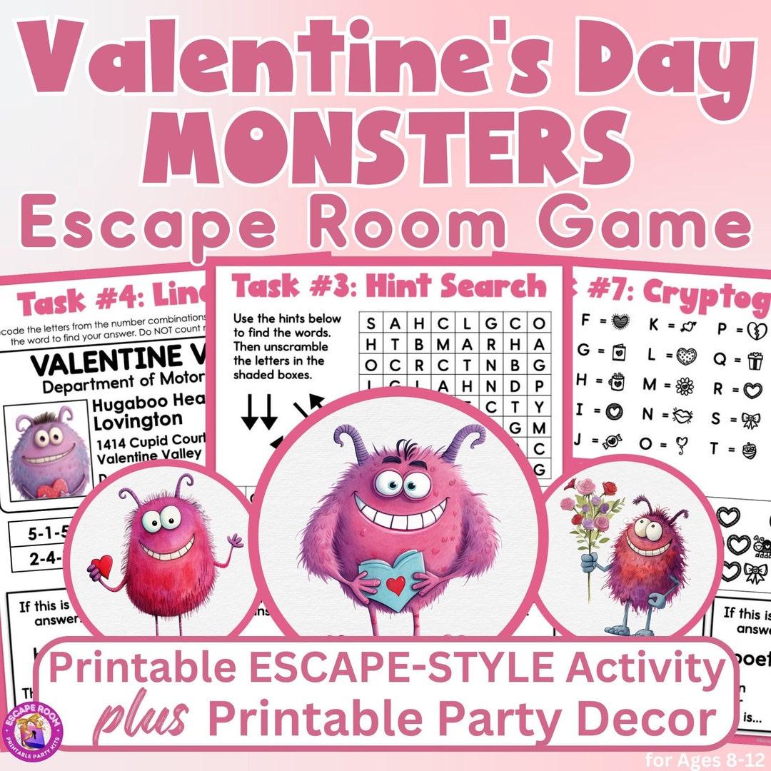 Valentine's Day Monsters Printable Escape Style Activity Game for Ages ...