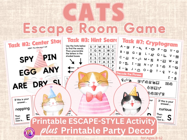 Cats Escape Room Game: Printable Party Decor & Puzzles (ages 8-12) - Etsy