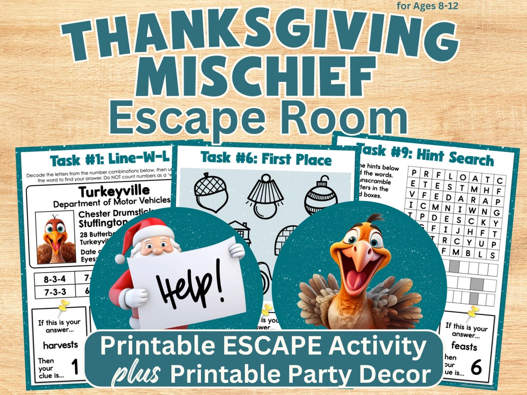 Thanksgiving Turkey Escape Room Game: Printable Party Decor (ages 8-12 ...