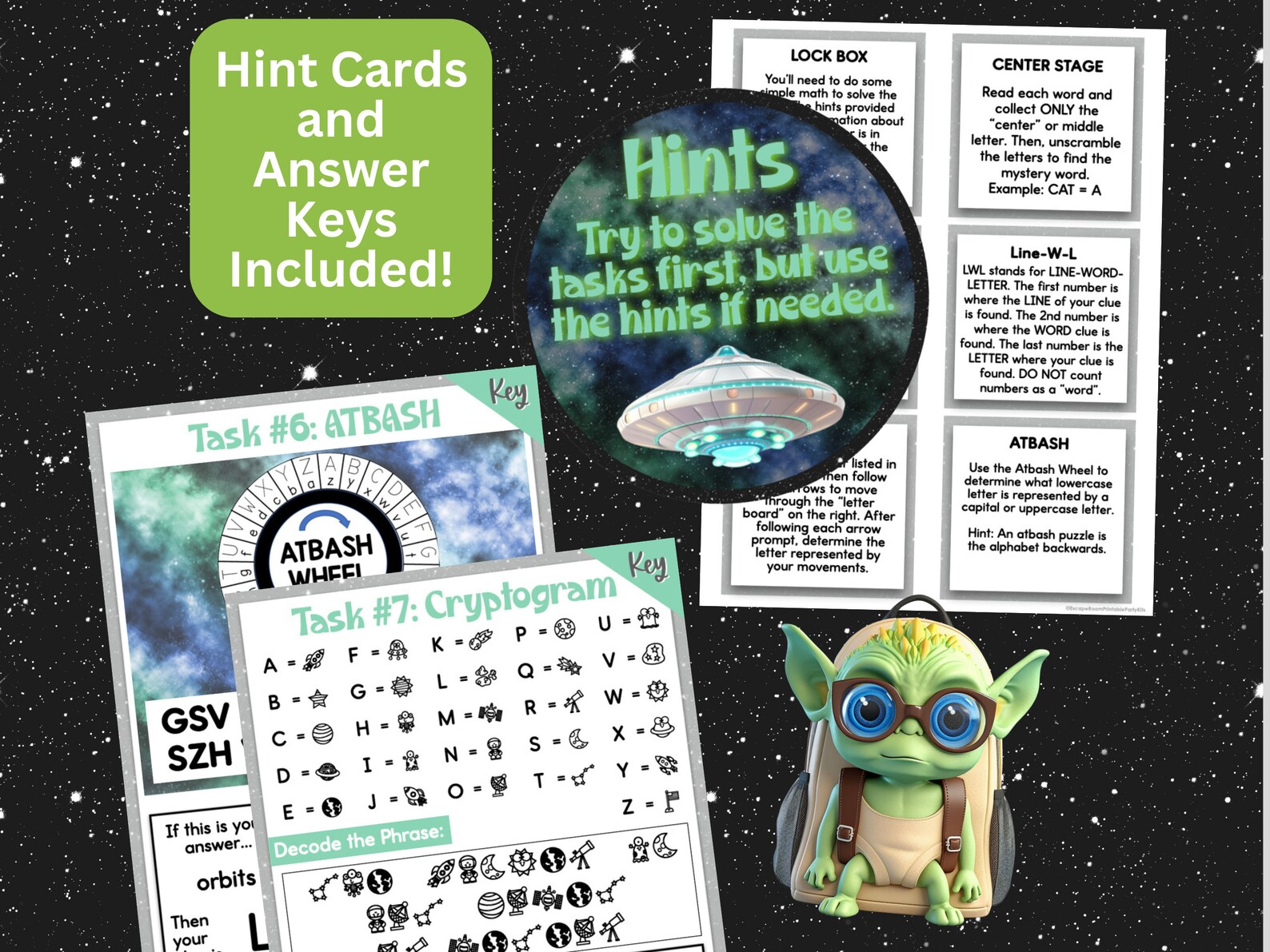 Aliens Escape Room Game: Printable Party Decor, 9 Task Puzzles (ages 8 ...