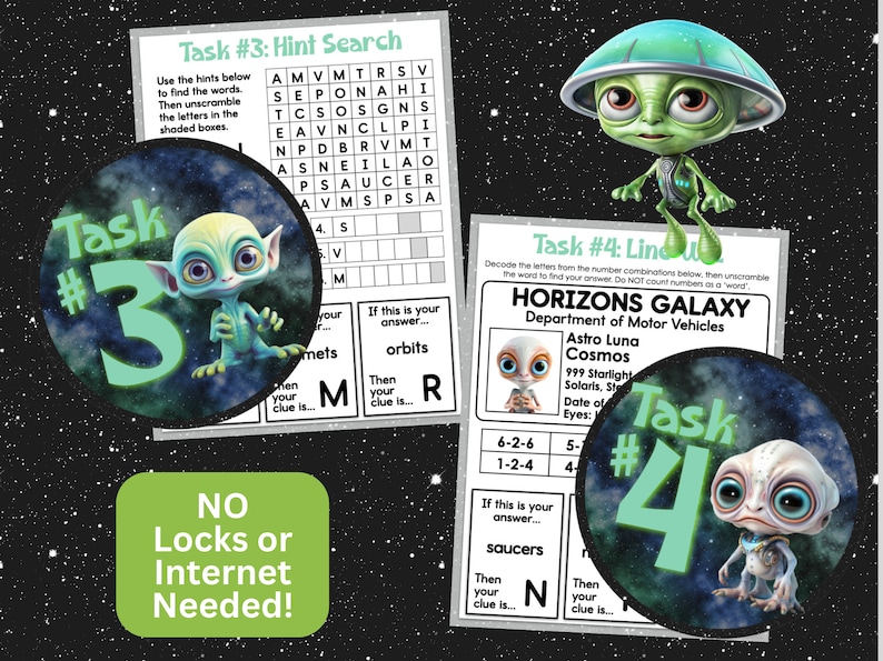 Aliens Escape Room Game: Printable Party Decor, 9 Task Puzzles (ages 8 ...
