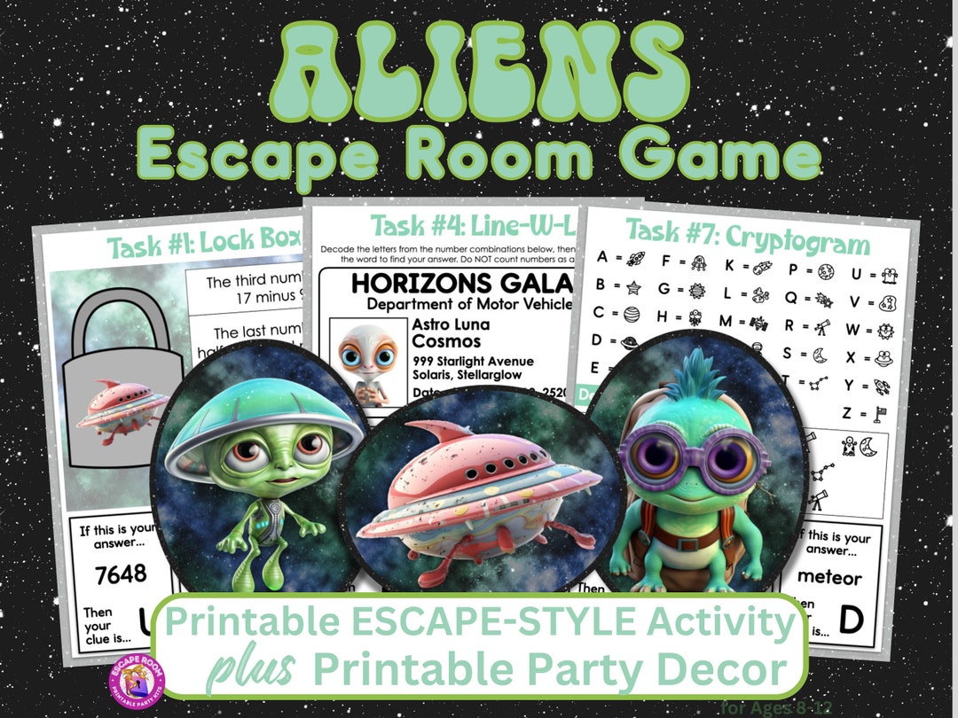 Aliens Escape Room Game: Printable Party Decor, 9 Task Puzzles (ages 8 ...