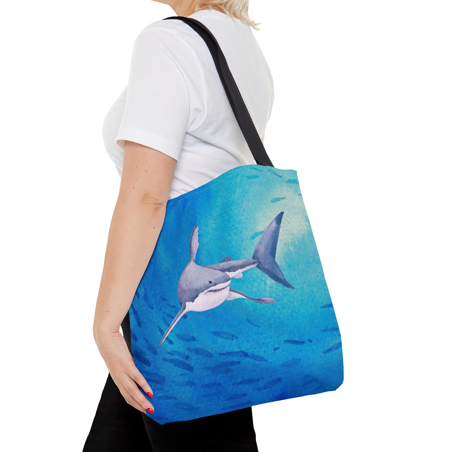 Great White Shark Swimming With Fishes Tote Bag, Stylish Great White ...