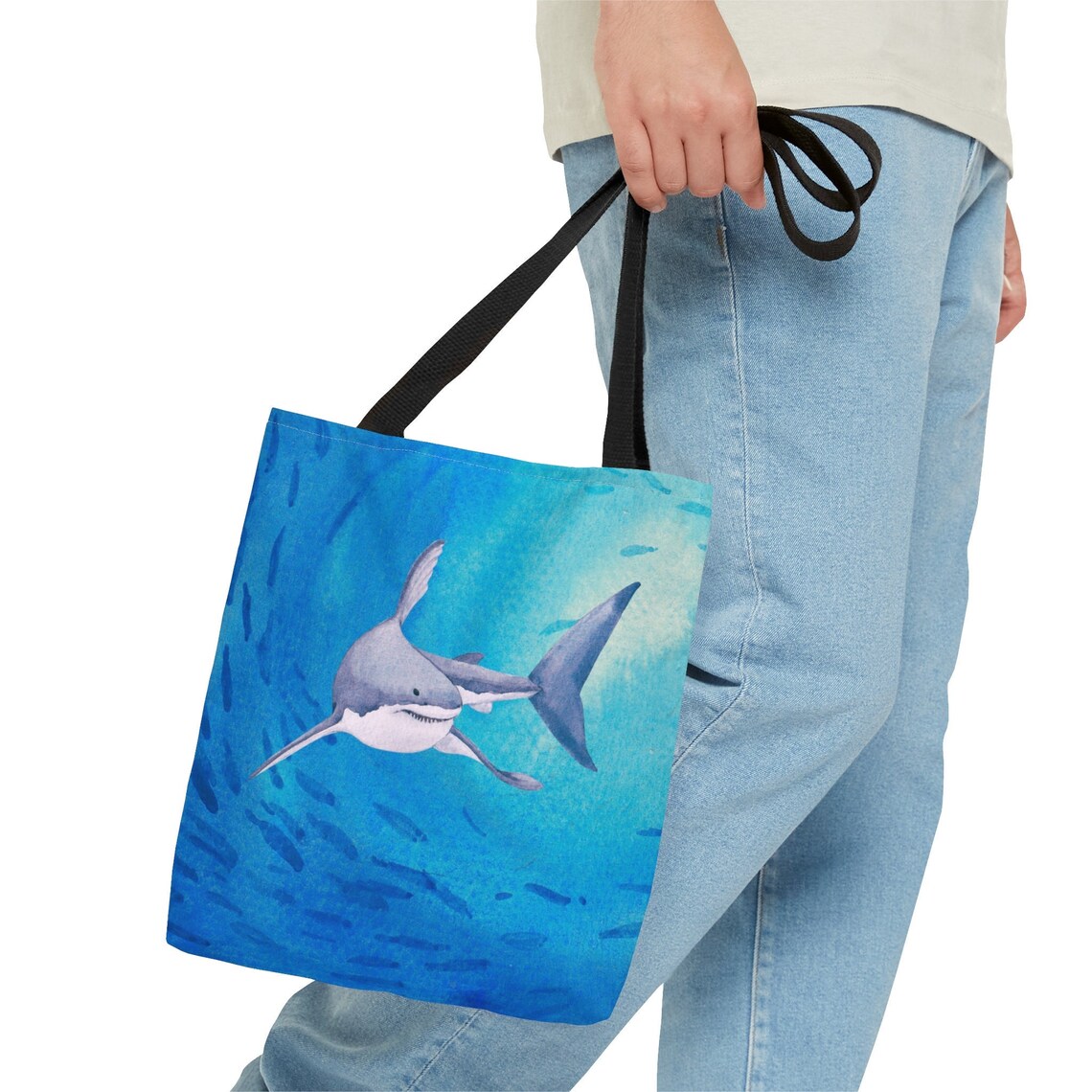 Great White Shark Swimming With Fishes Tote Bag, Stylish Great White ...