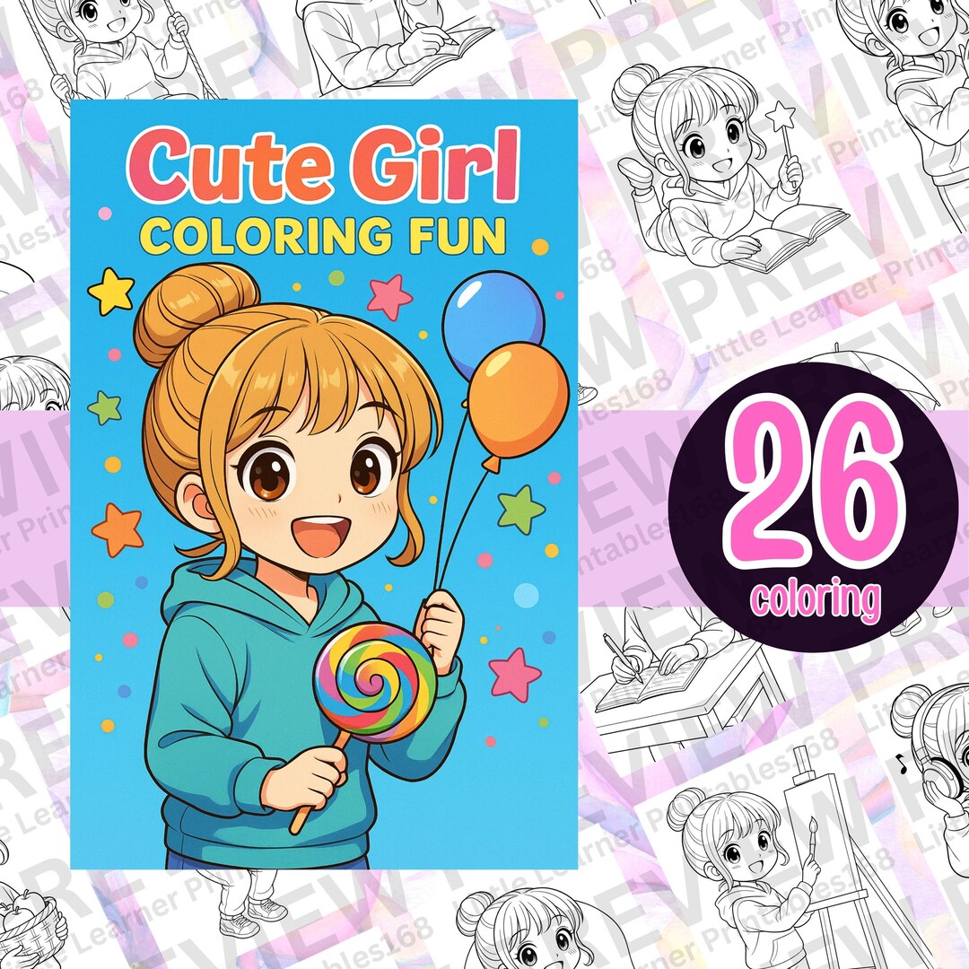 Cute Girl Coloring Book, 26 Printable Pages (PDF) - Etsy