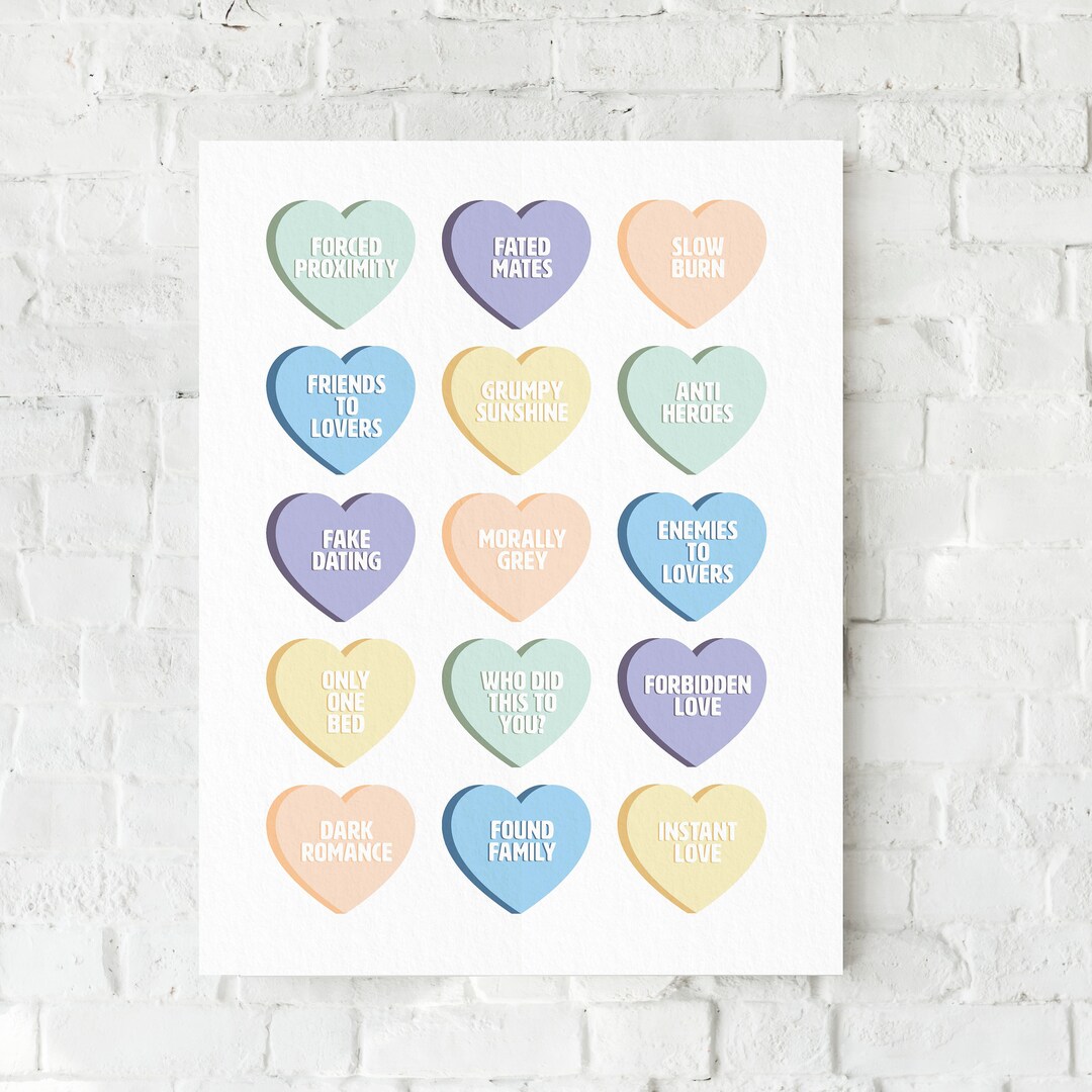 Candy Hearts Book Tropes Art Print: Bookish Wall Decor (digital ...