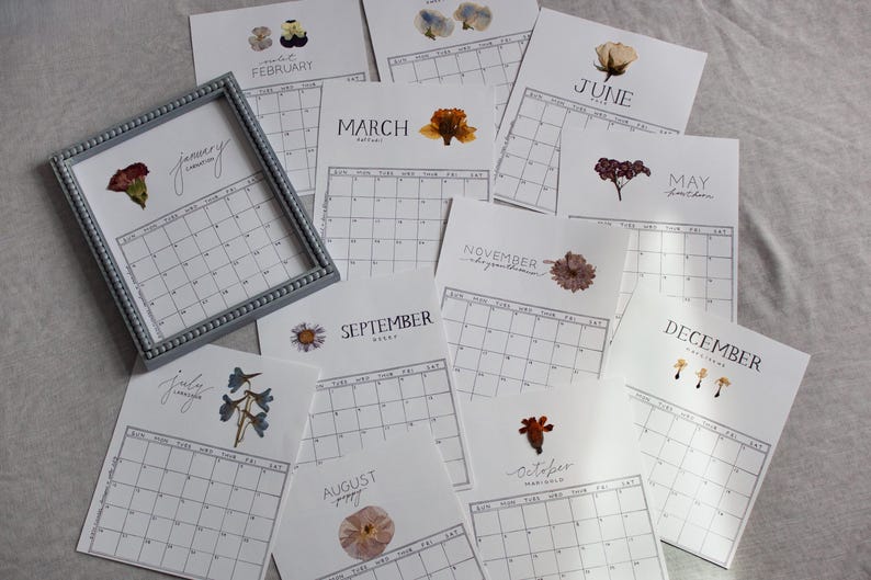 12 Month Pressed Birth Flower Calendar - Etsy