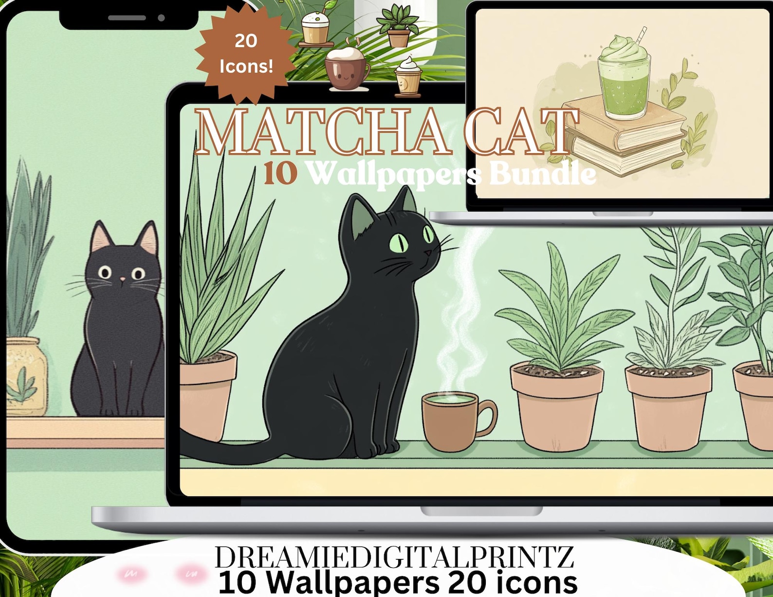 Kawaii Lofi Black Cat Matcha Wallpaper Cat Matcha Screen Saver Matcha ...
