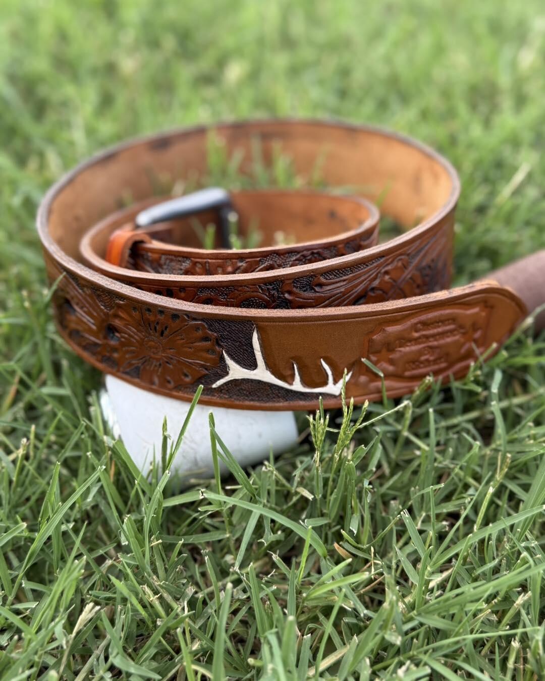 Custom Tooled Leather Belt With Whitetail Antler Accent – Custom Made ...