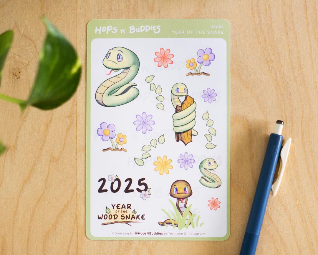 Cute Year of the Snake Sticker Sheet - Kawaii 2025 Lunar New Year ...