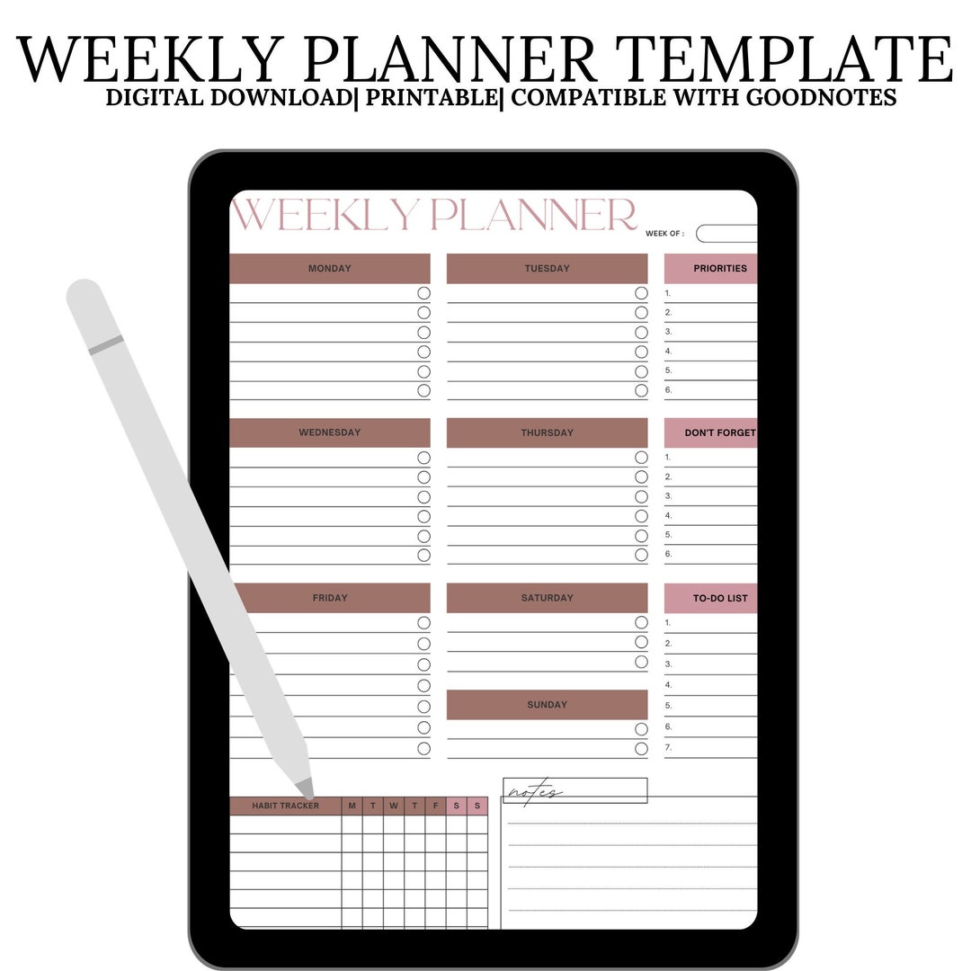 Weekly Planner Goodnotes Template, Hourly Planner, Undated, Digital ...