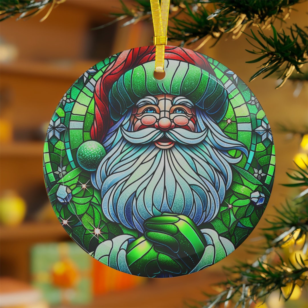 Emerald Green Stained Glass Santa Claus Ornament 3.5 Inch Artisanal ...