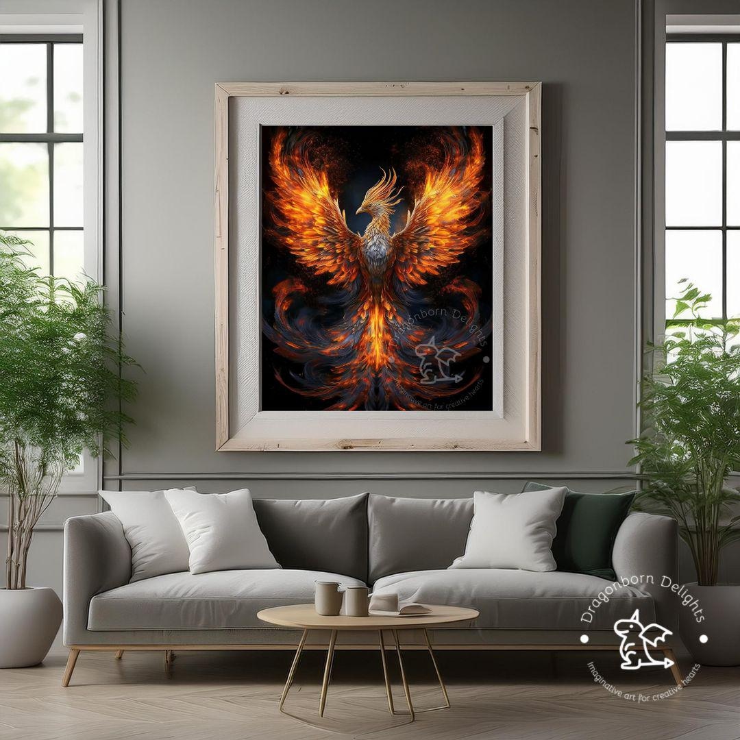 Phoenix Rising Wall Art - Fiery Digital Art Print | Printable Mythical ...