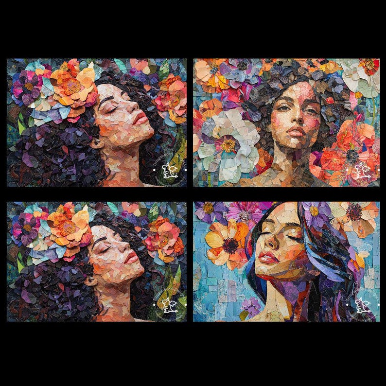Torn Paper Collage Art Set - Floral Beauty Series (4 Images) - Etsy