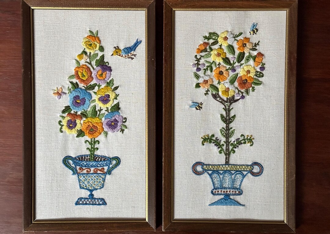 Vintage Crewel Embroidery Floral Topiaries - Etsy