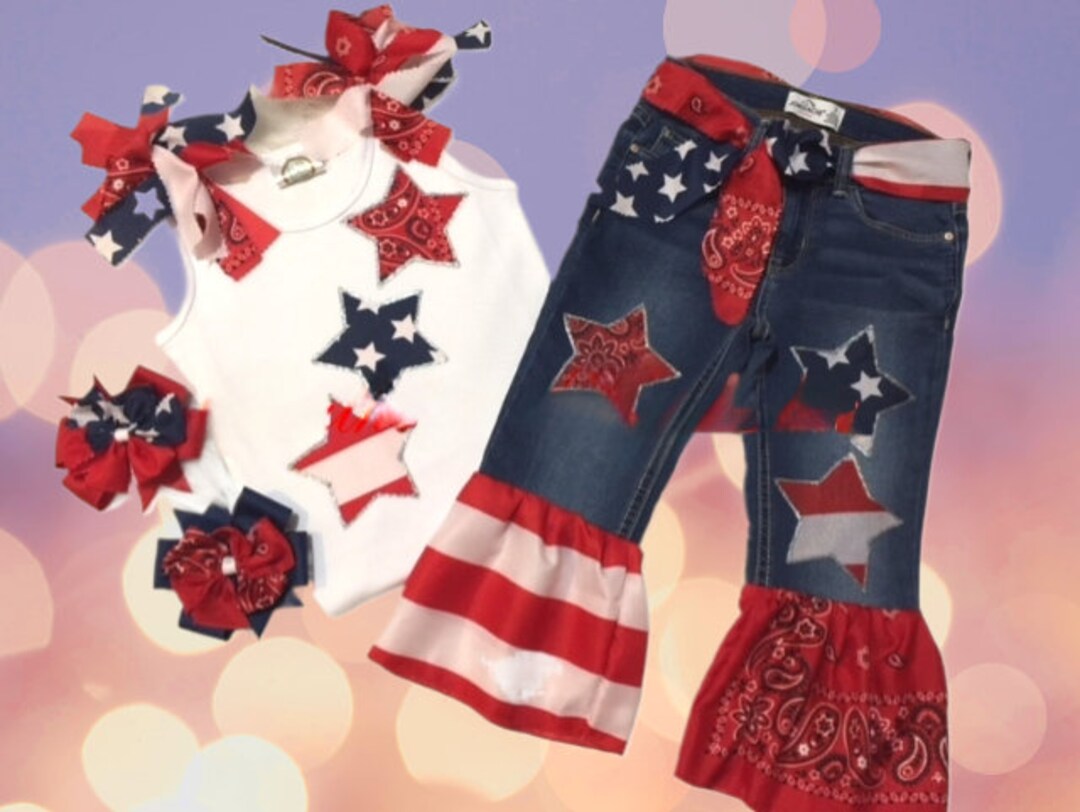 Girls Red White and Blue Patriotic American USA Stars and Stripes 5pc ...