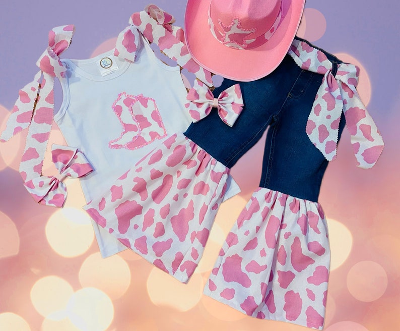 Pretty Pink Cowgirl Cow Print Western Wear Outfit Set Sequins Ruffles ...