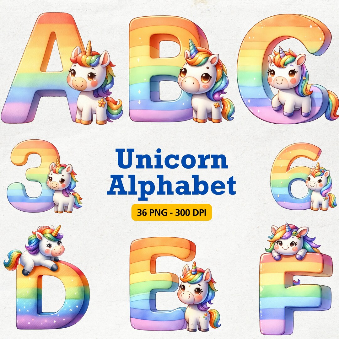 Unicorn Alphabet, Cute Unicorn Font PNG, Watercolor Rainbow Unicorn ...
