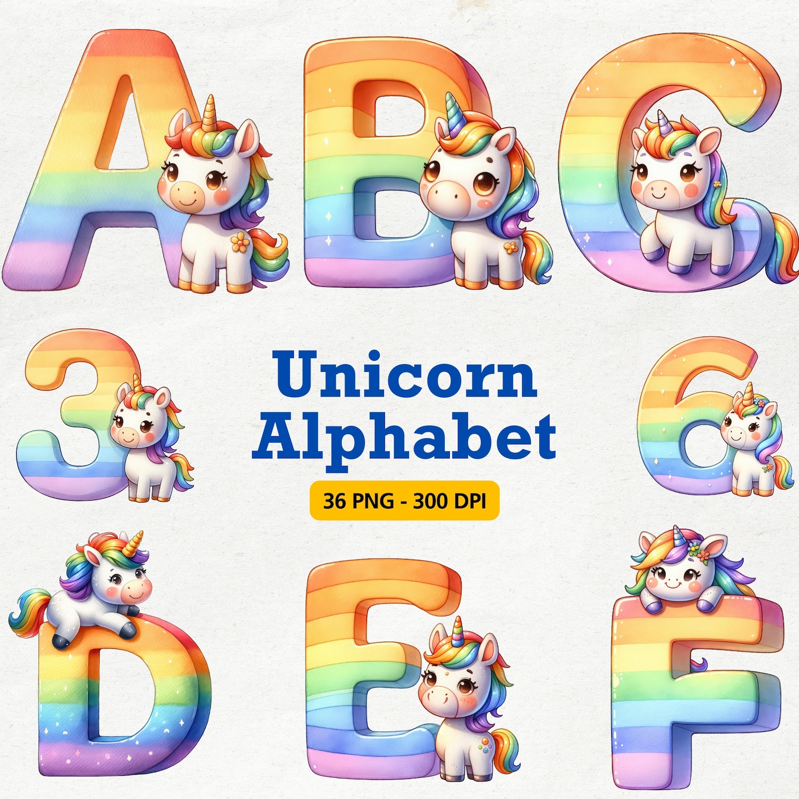 Unicorn Alphabet, Cute Unicorn Font PNG, Watercolor Rainbow Unicorn ...