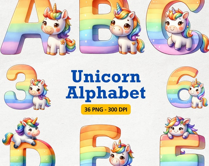 Rainbow Unicorn Alphabet Clipart, Unicorn Png, Unicorn Birthday Clipart ...