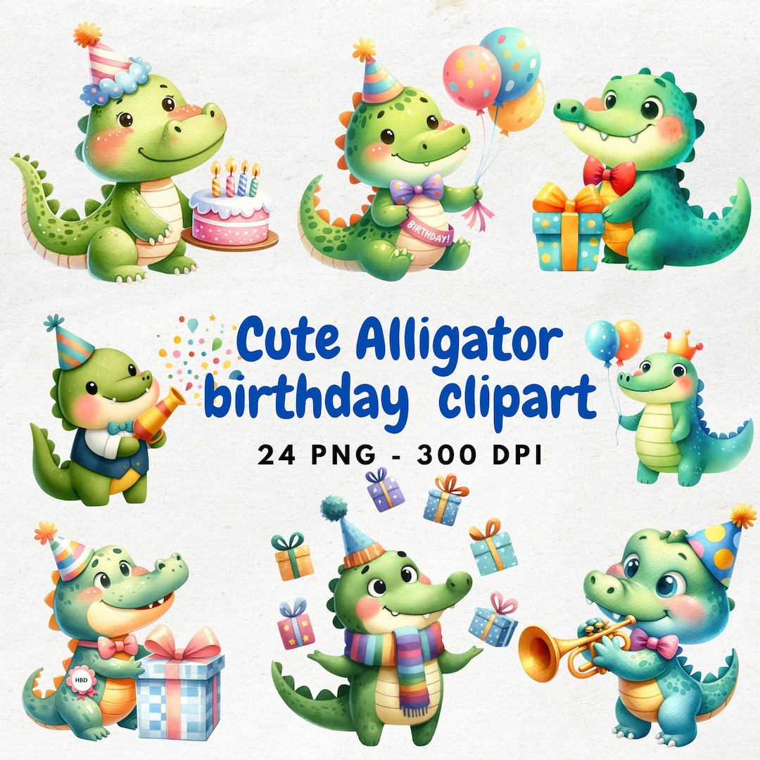 Cute Alligator Birthday Clipart, Watercolor Crocodile Clipart, Funny ...