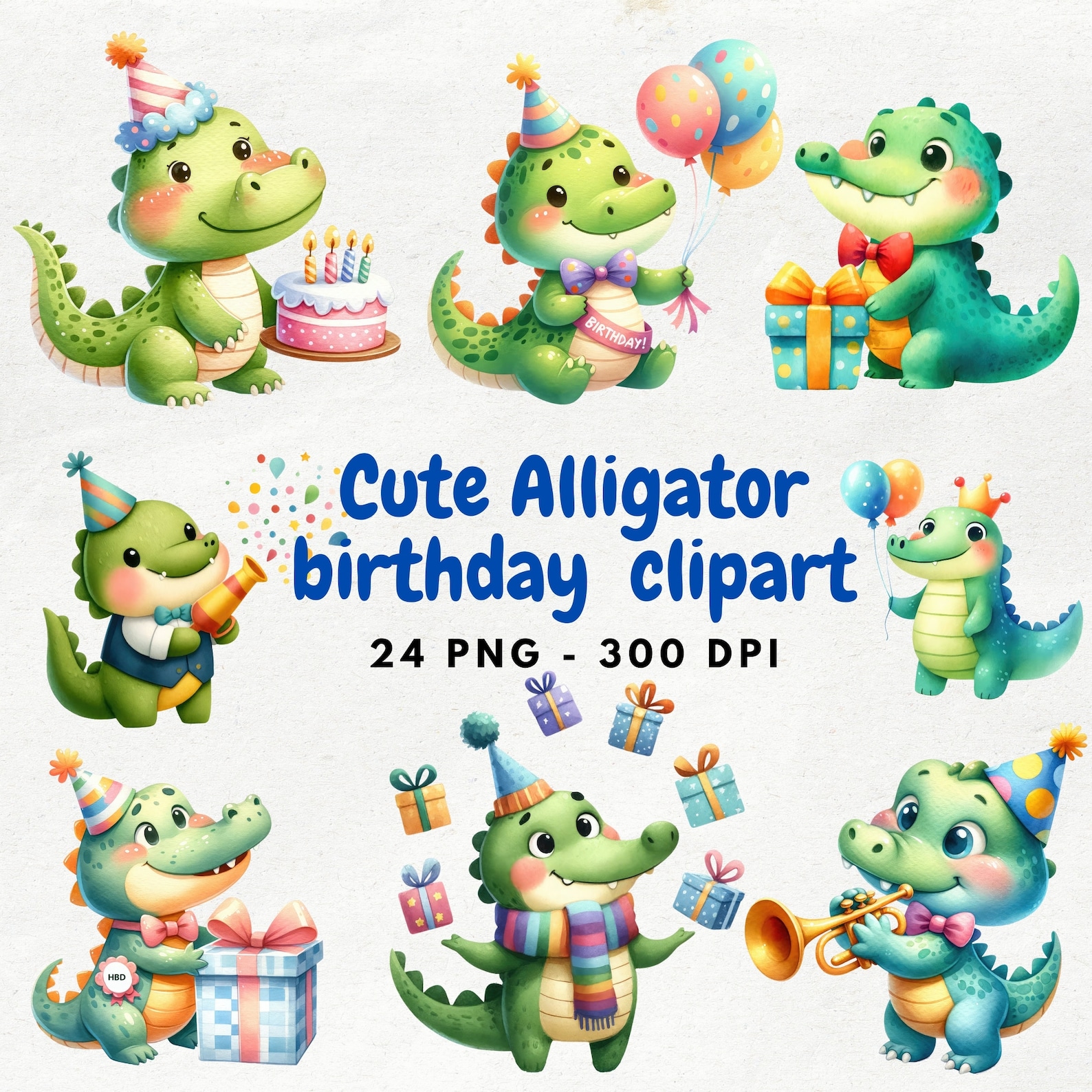 Watercolor Alligator Birthday Clipart, Cute Safari Animals (digital ...