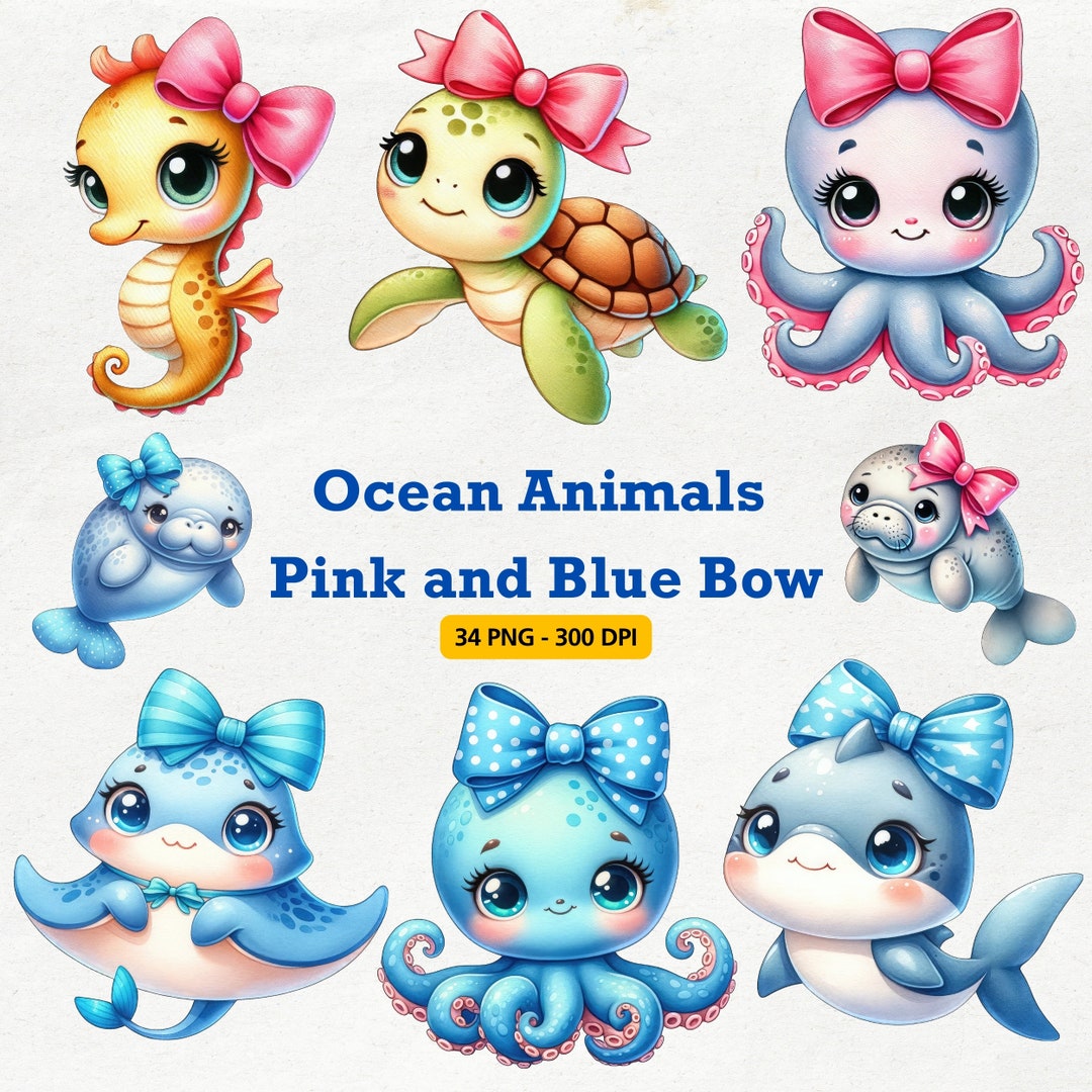 Ocean Animals Pink and Blue Bow, Sea Animals Clipart, Watercolor Ocean ...
