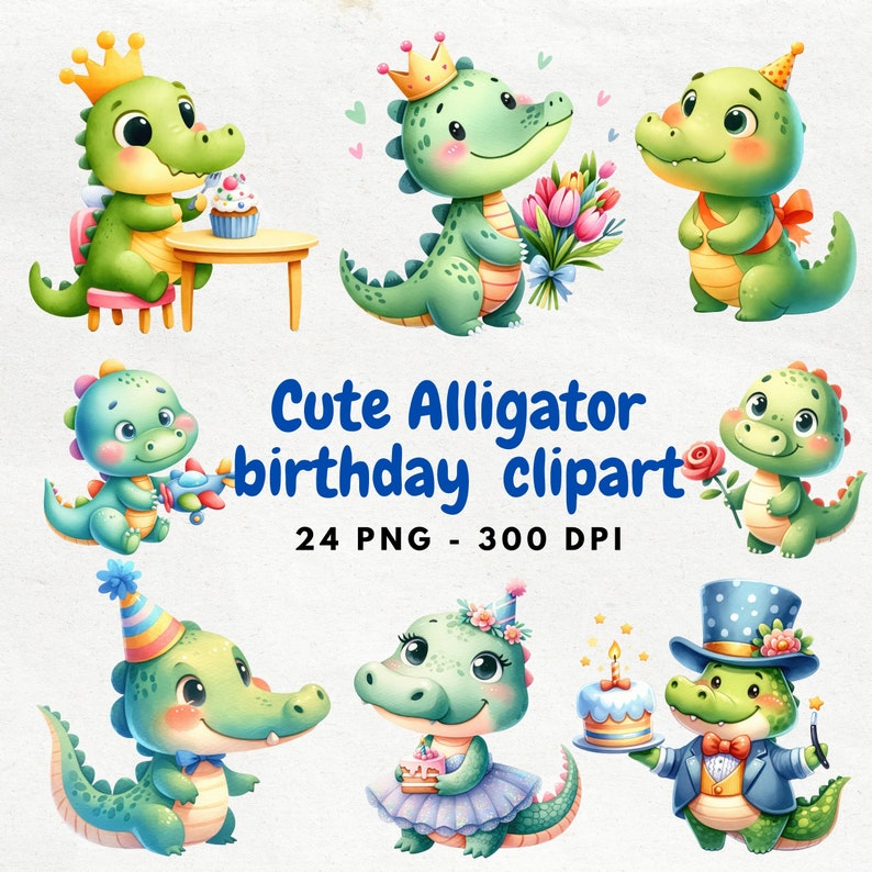 Cute Alligator Birthday Clipart, Watercolor Crocodile Clipart, Funny ...