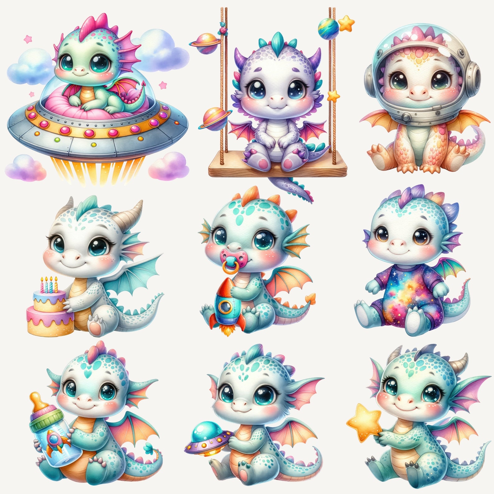 Cute Baby Dragon Clipart Bundle, Space Dragon Clipart, Cute Space ...