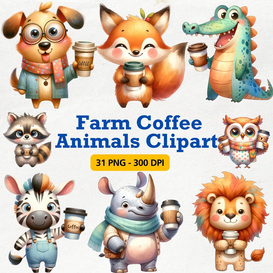 Watercolor Farm Coffee Animals Clipart, Animal Coffee Graphics PNG ...