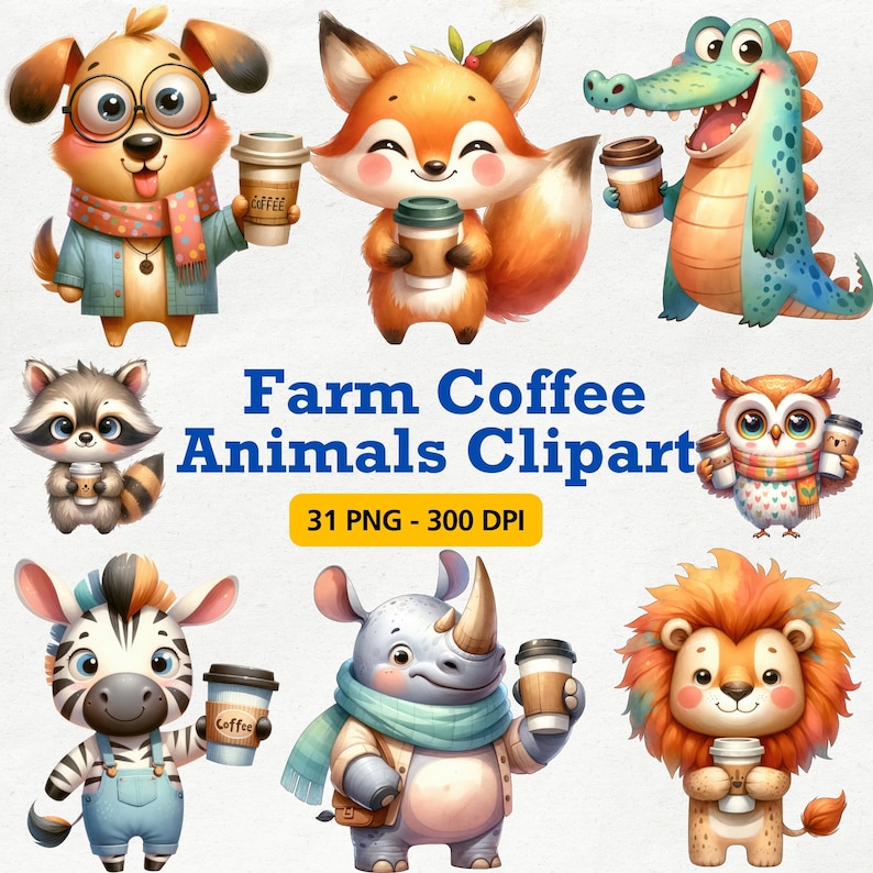 Watercolor Farm Coffee Animals Clipart, Animal Coffee Graphics PNG ...