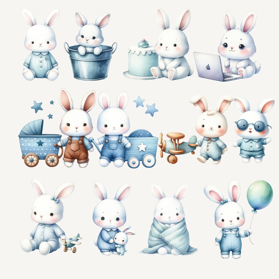 Watercolor Bunny Clipart for Boy, Watercolor Baby Shower Clipart, Baby ...