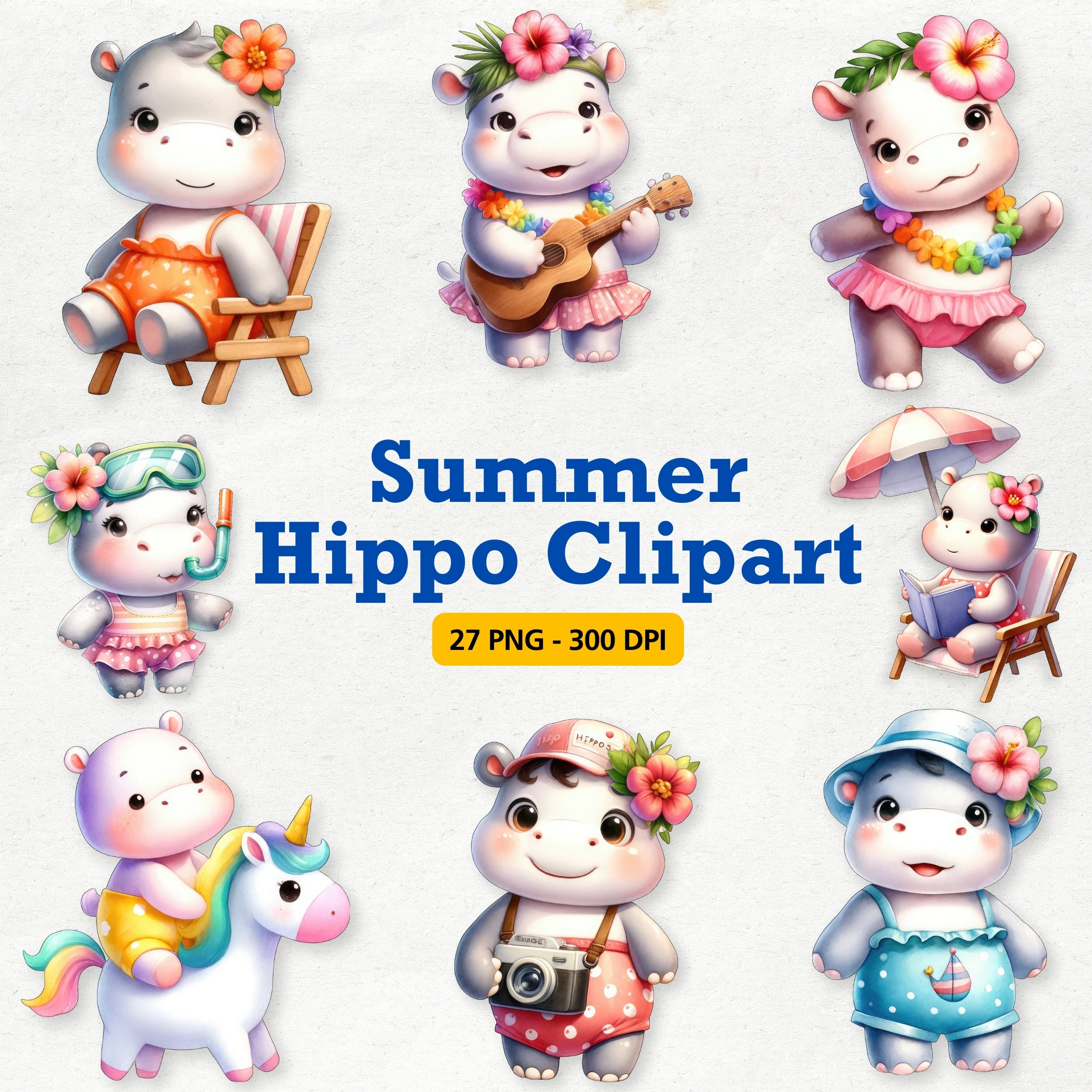 Cute Hippo Clipart, Watercolor Summer Hippo Nursery Decor, Safari ...